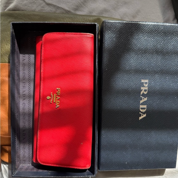 Prada | Accessories | Prada Scarlet Wallet With Gold Accents | Poshmark
